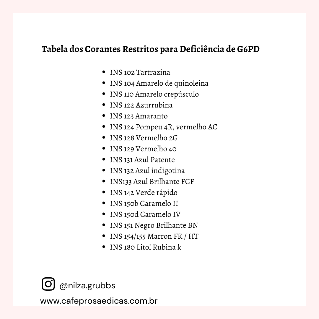 Deficiência de G6PD: Tabela dos corantes – Na Casa da Nilza